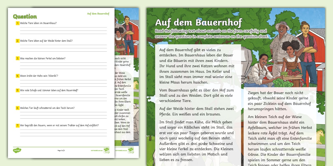 Farm Animals Reading Comprehension - German (teacher made)