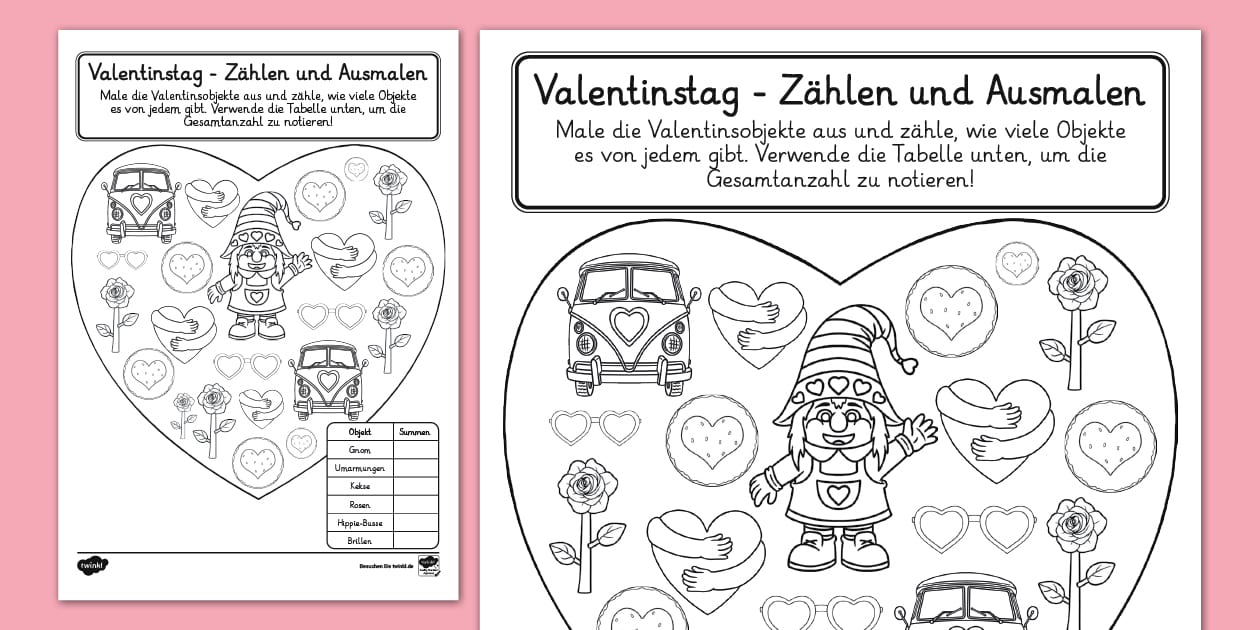 Valentinstag - Zählen und Ausmalen Arbeitsblatt - Twinkl