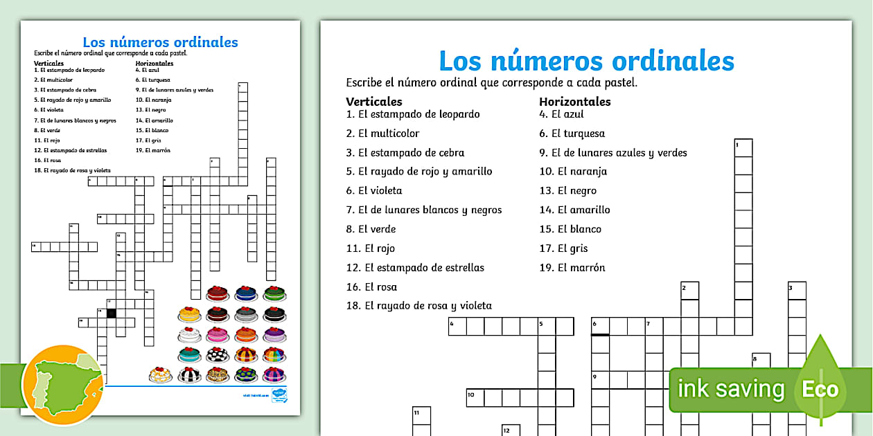 Crucigrama: Los números ordinales del 1 al 20 - Twinkl