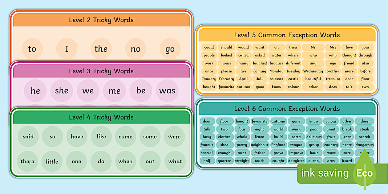 Levels 2-6 Tricky and Common Exception Words Table Strips