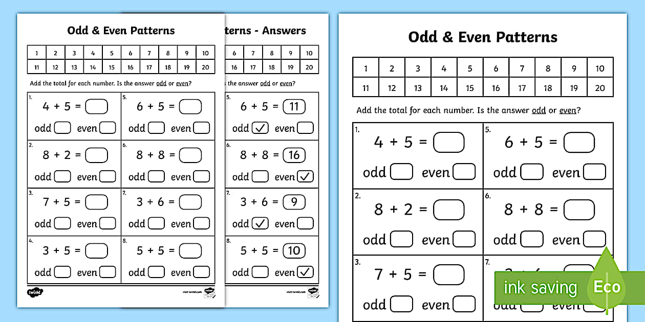 Algebra - Patterns - Odd and Even Worksheet / Worksheet