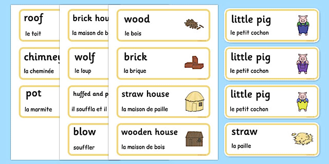 The 3 Little Pigs Word Cards French Translation - Twinkl