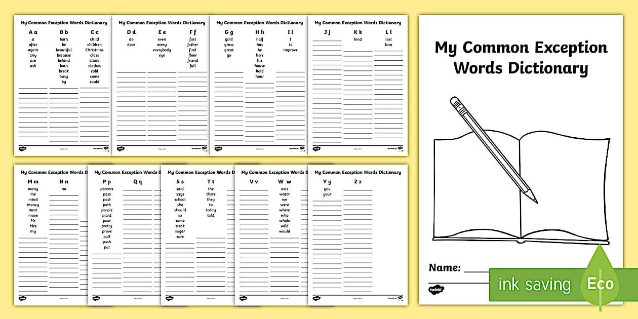 Cursive My Common Exception Words Dictionary (teacher made)