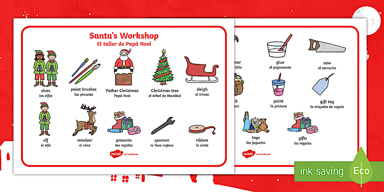 Santa's Workshop Word Mat - English / Spanish - Inglés - Santa's Workshop