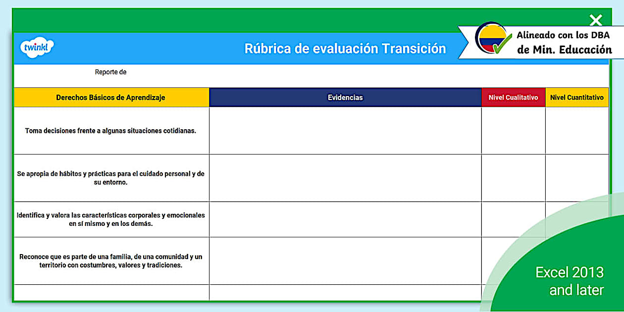 Rúbrica evaluación DBA Preescolar - Twinkl Colombia