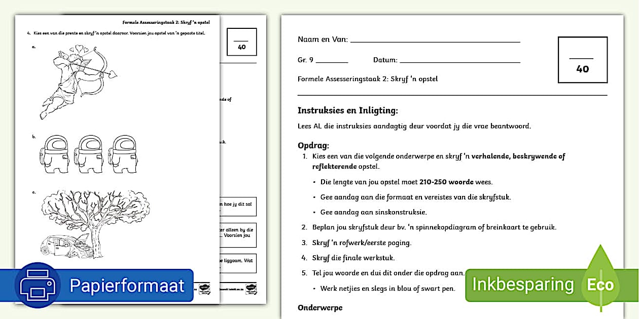 Skryf 'n Opstel Formele Assessering Afrikaans EAT - Twinkl