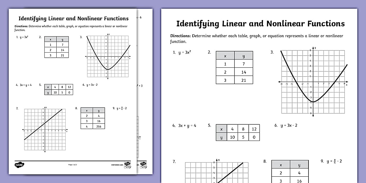 Eighth Grade Identifying Linear and Nonlinear Functions Practice