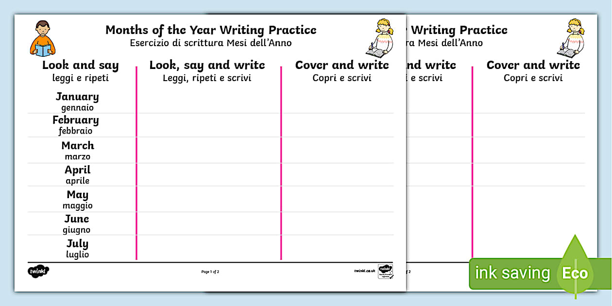 Months of the Year Writing Practice Worksheet / Worksheet English/Italian