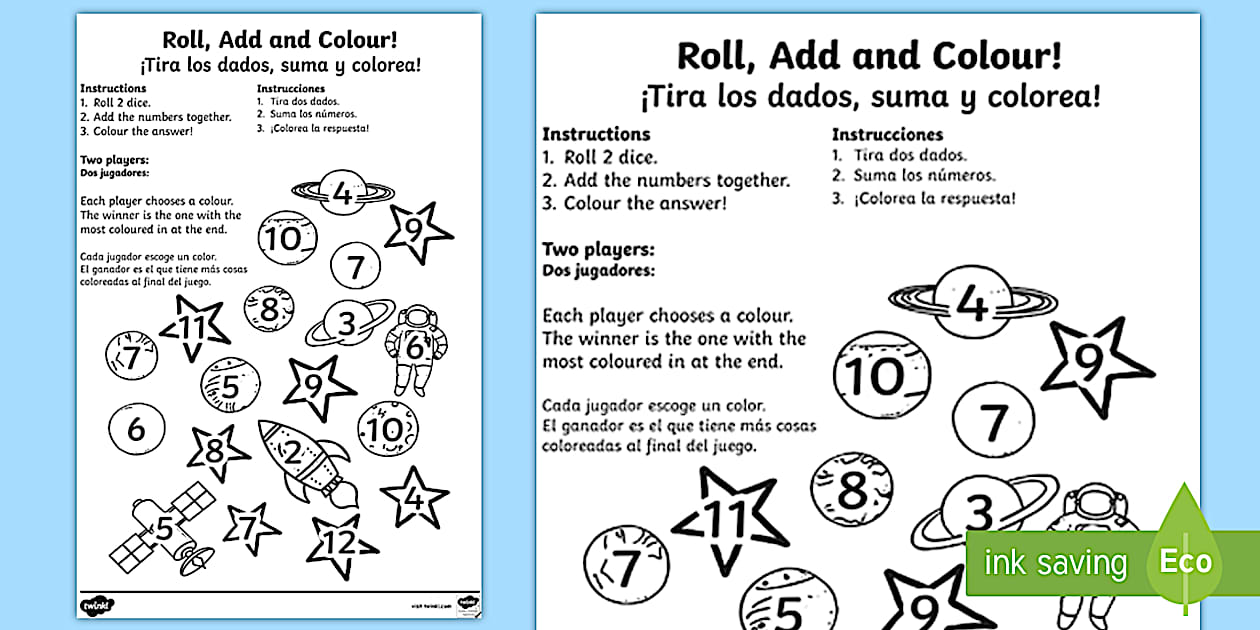 Space Roll and Colour Dice Worksheet English/Spanish - EAL, Space Roll and