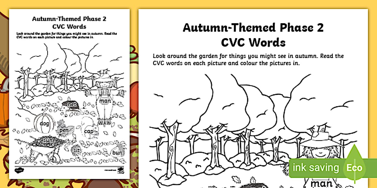Autumn-Themed Phase 2 CVC Words Colouring Activity - Twinkl