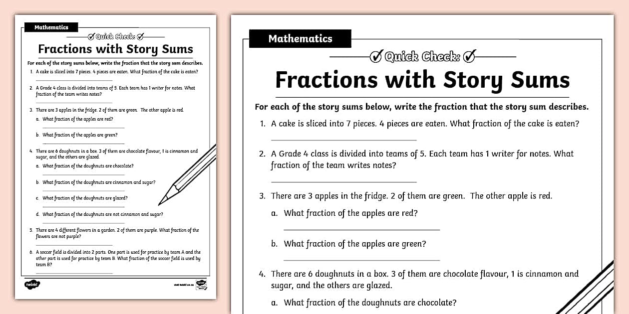 Quick Check: Fractions with Story Sums (teacher made)