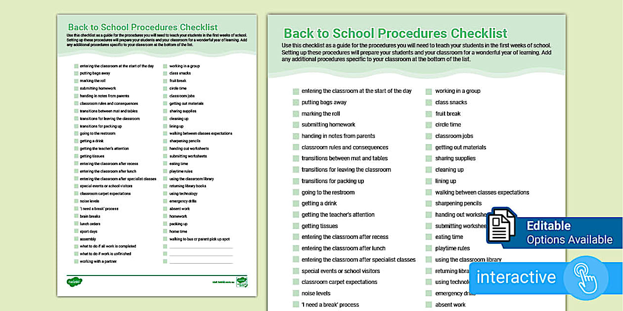Back to School Australian Procedures Teacher Checklist