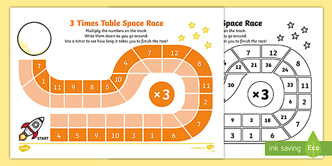 3 Times Table Space Race Worksheet - Twinkl