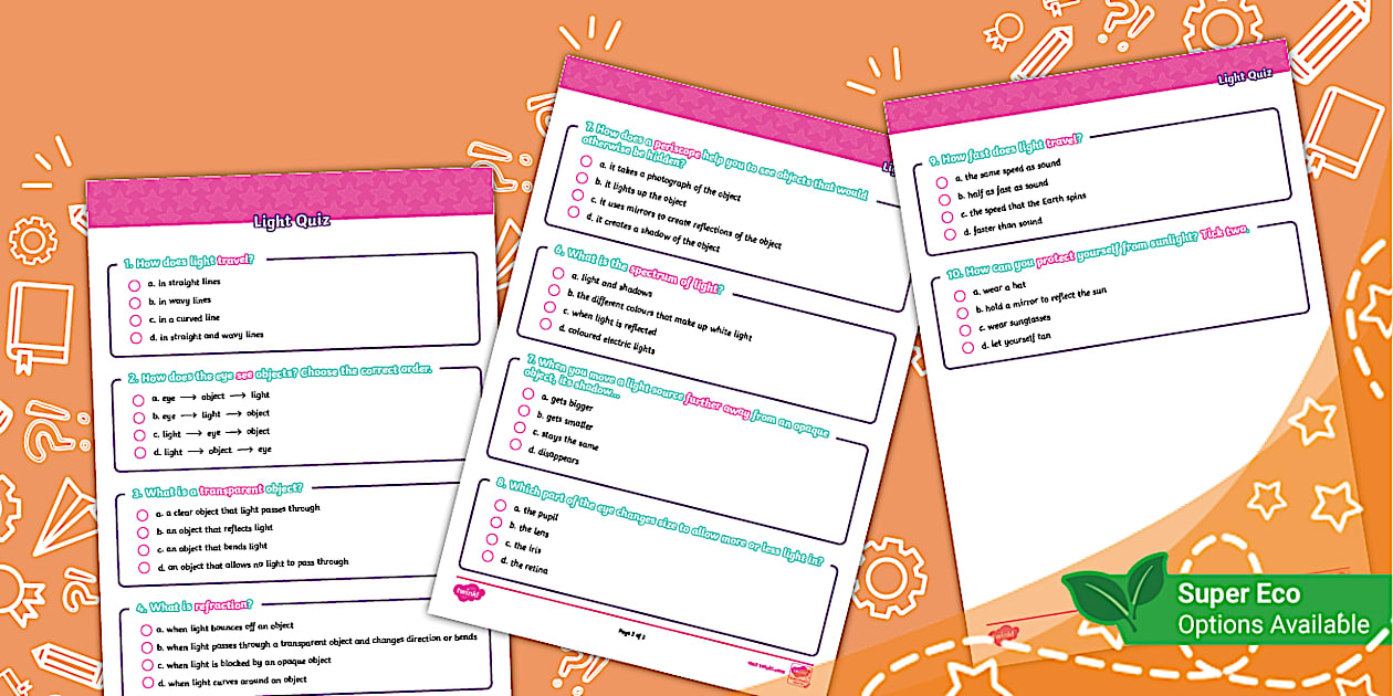 Printable Light Quiz for Ages 9 - 11 (teacher made) - Twinkl
