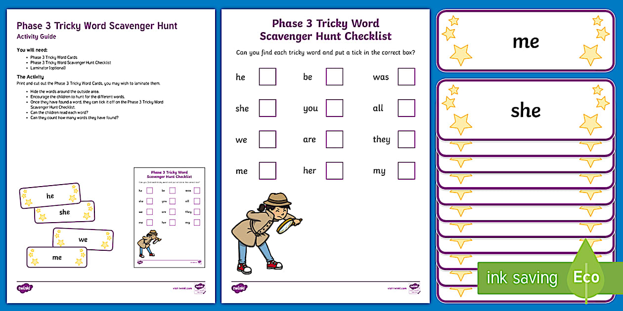 Editable Phase 3 Tricky Word Scavenger Hunt - Twinkl