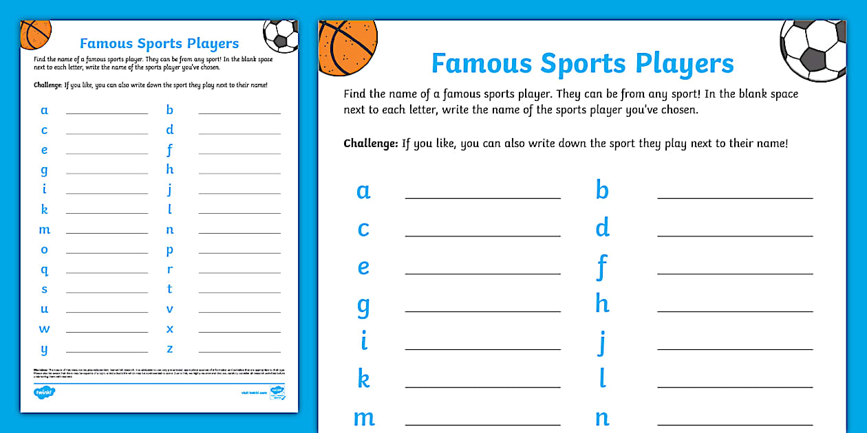 Famous Sports Players A to Z Worksheet