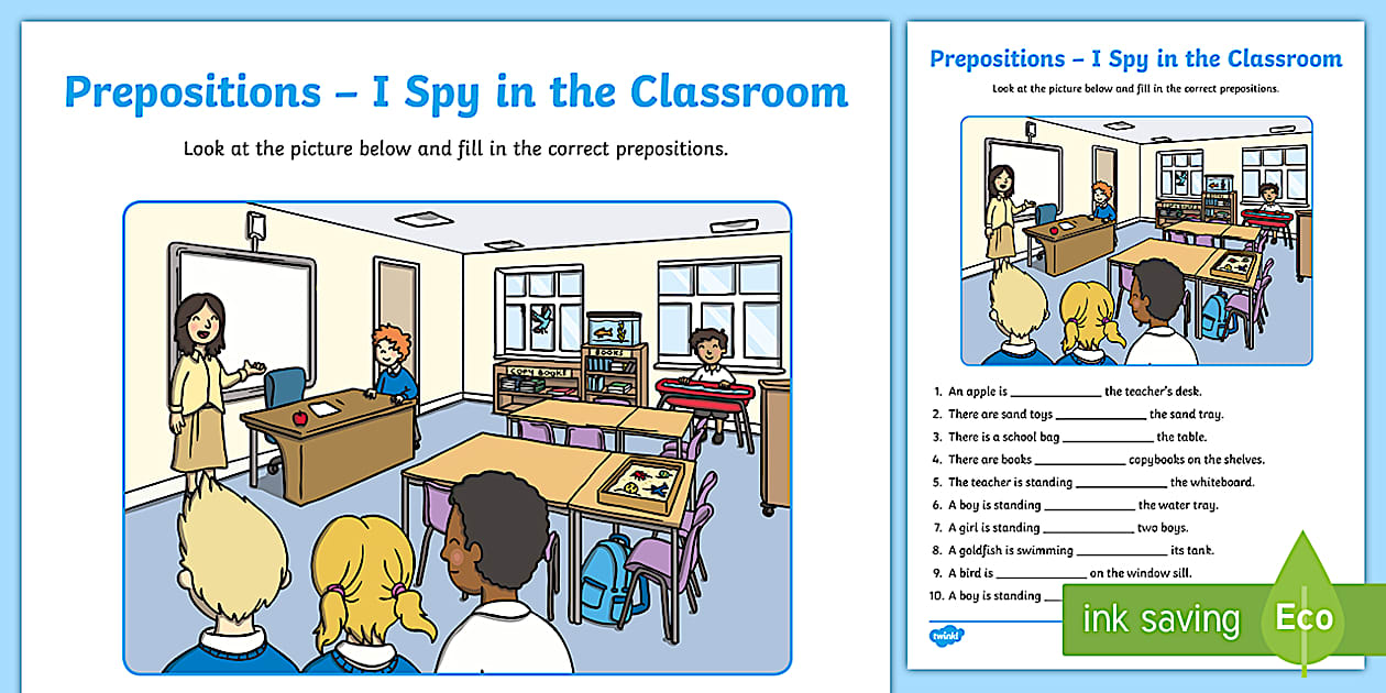 Black and White Prepositions I Spy in the Classroom Worksheets