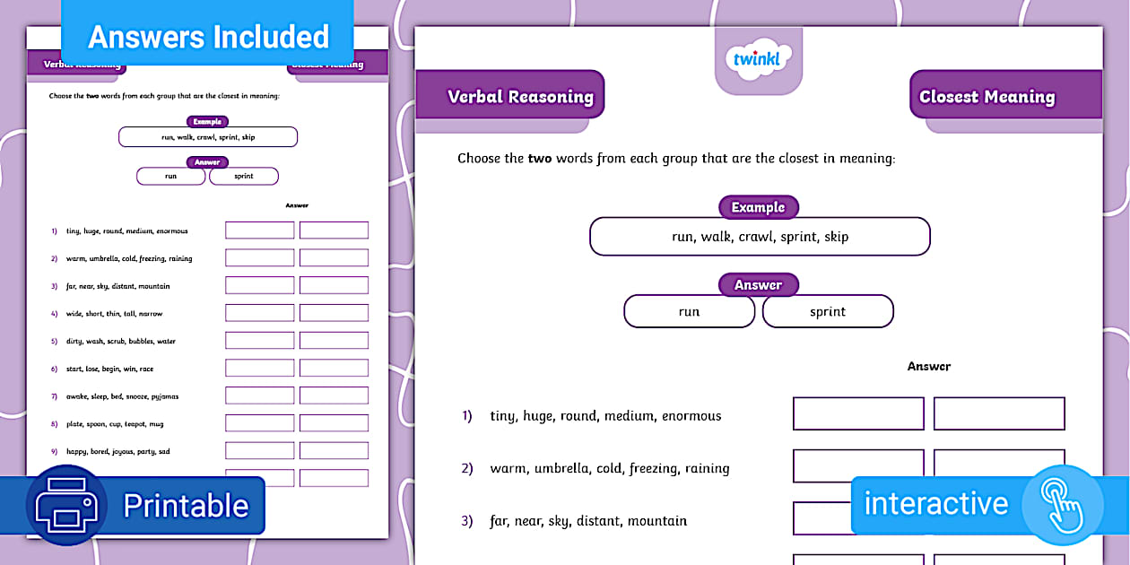 Verbal Reasoning - Closest Meaning - L3 - Twinkl