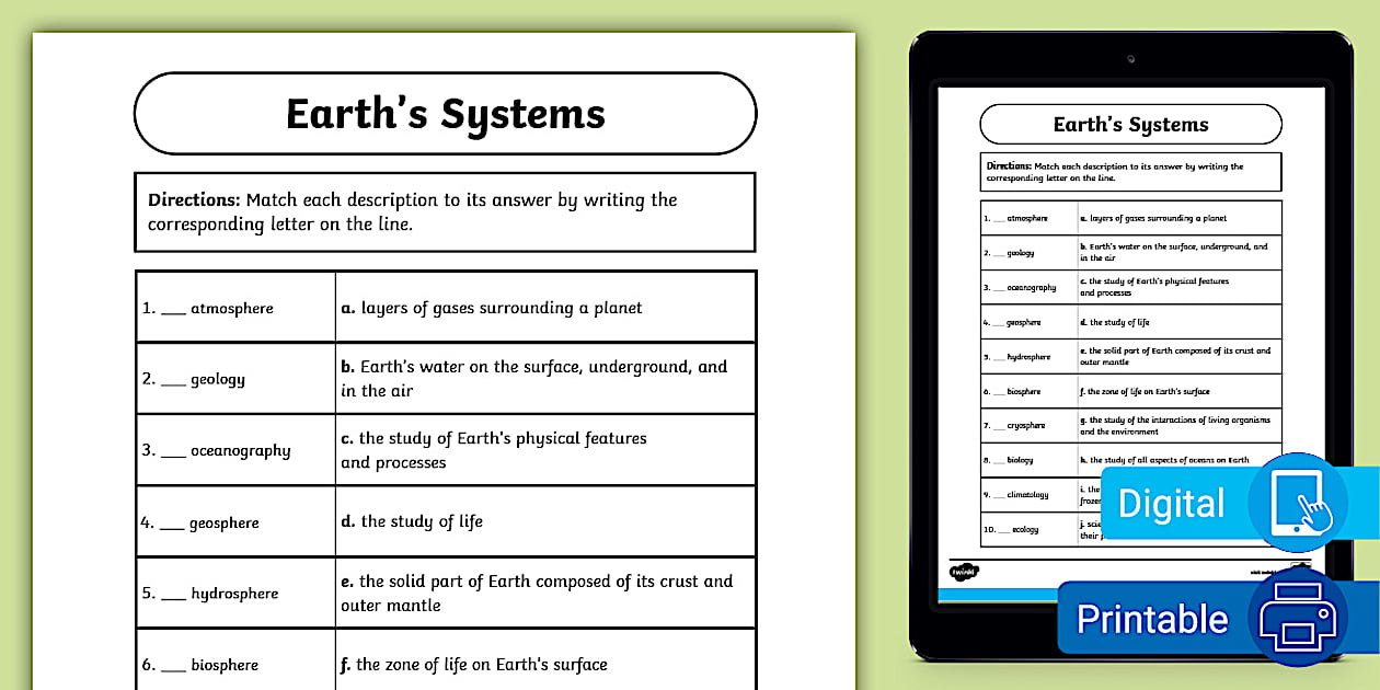 Sixth Grade Earth's Systems Matching Assessment - Twinkl