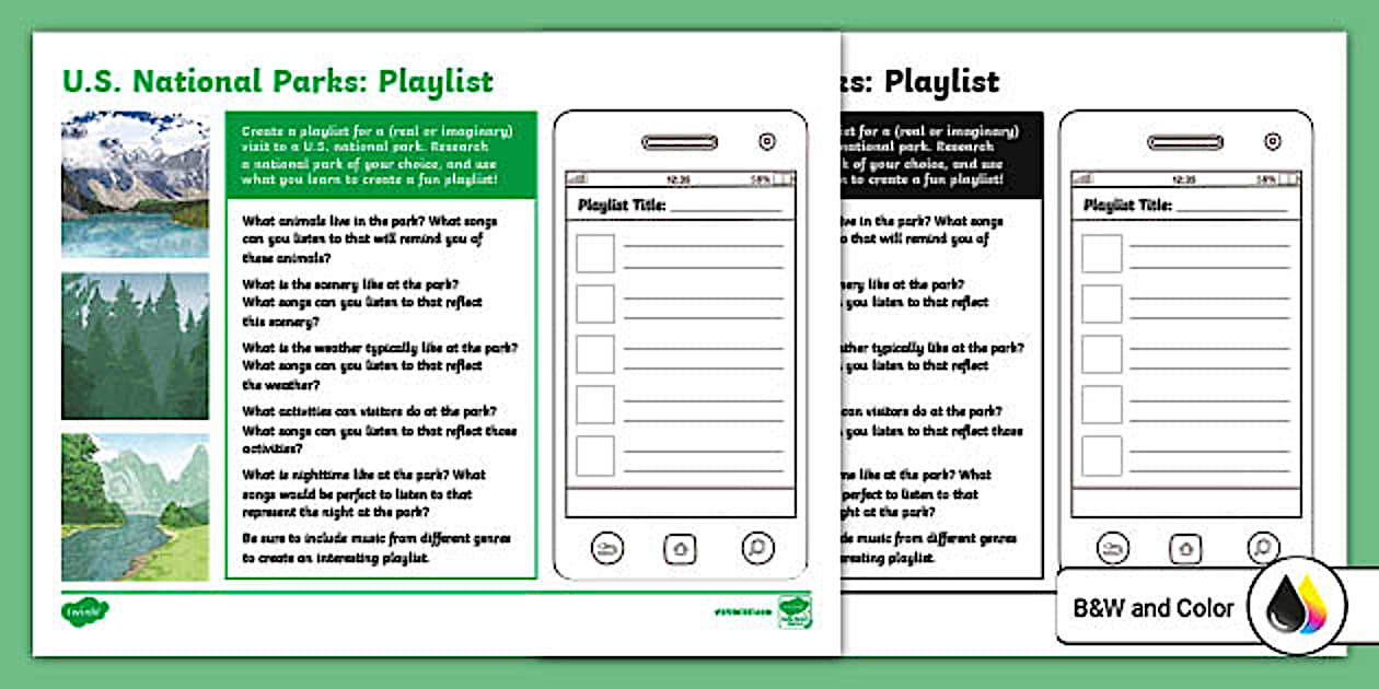U.S. National Parks Create a Playlist Worksheet - Twinkl