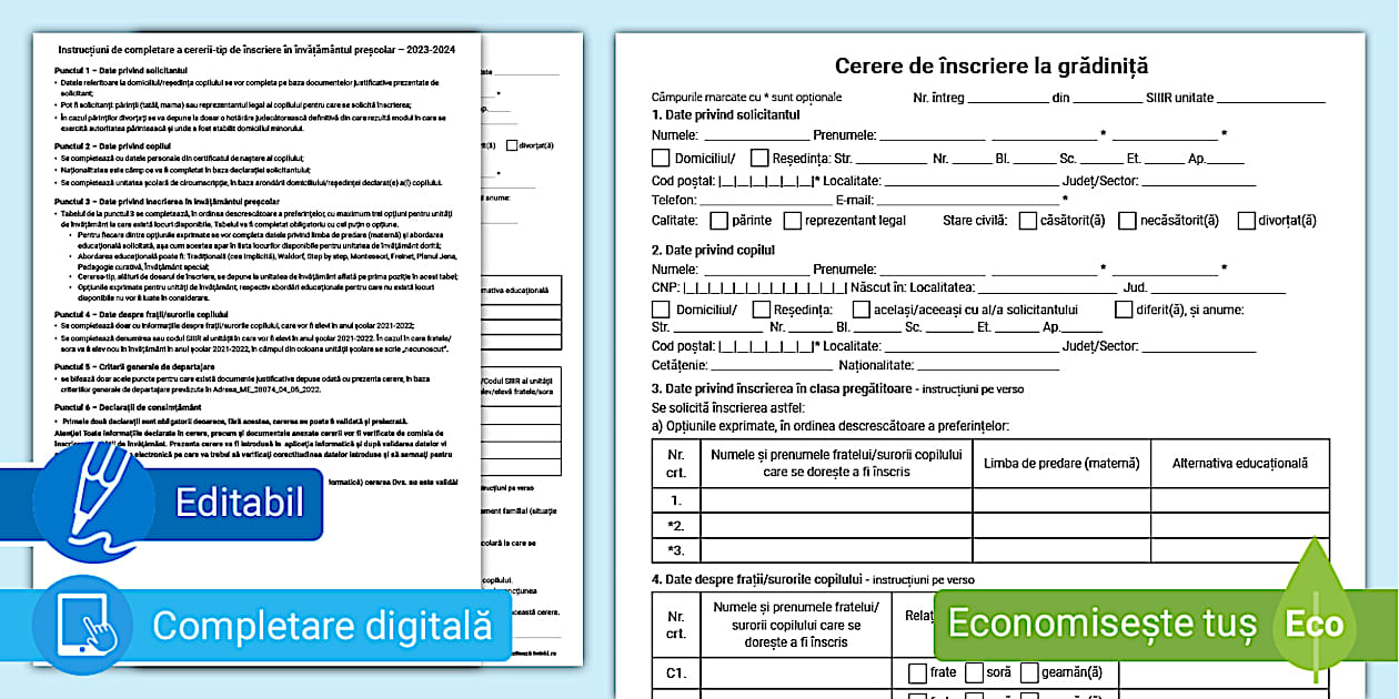 Cerere de înscriere la grădiniță - Twinkl