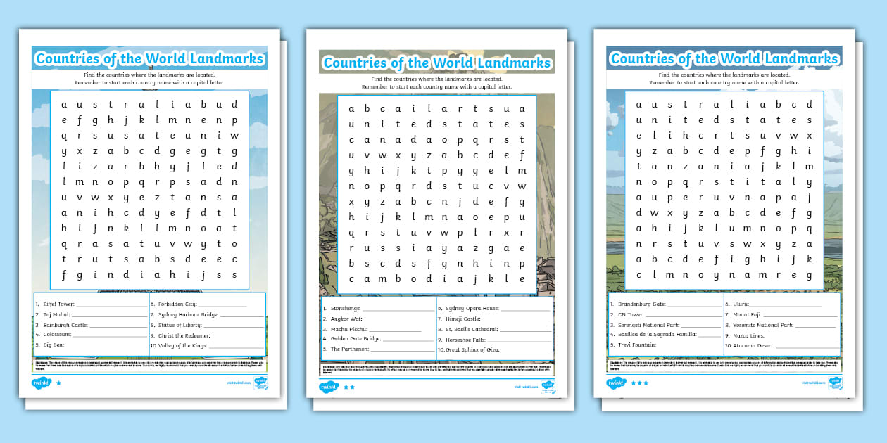 Countries of the World Landmark Word Search (teacher made)