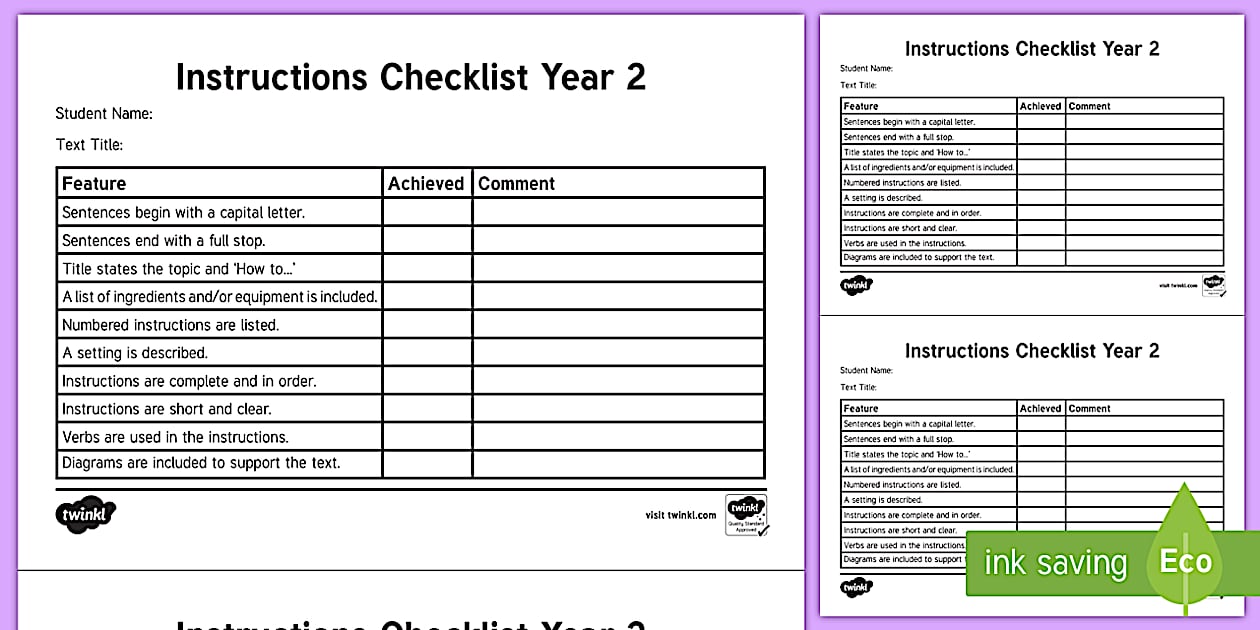 Editable Year 2 Instructions Checklist (l'enseignant a fait)