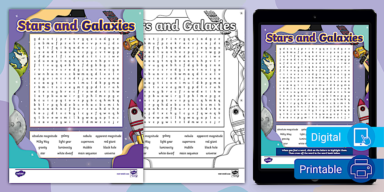 Stars and Galaxies Word Search for 6th-8th Grade - Twinkl