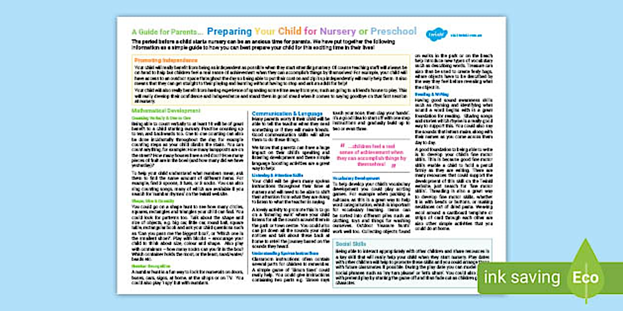 Preparing Your Child For Kindergarten/Pre-School Leaflet