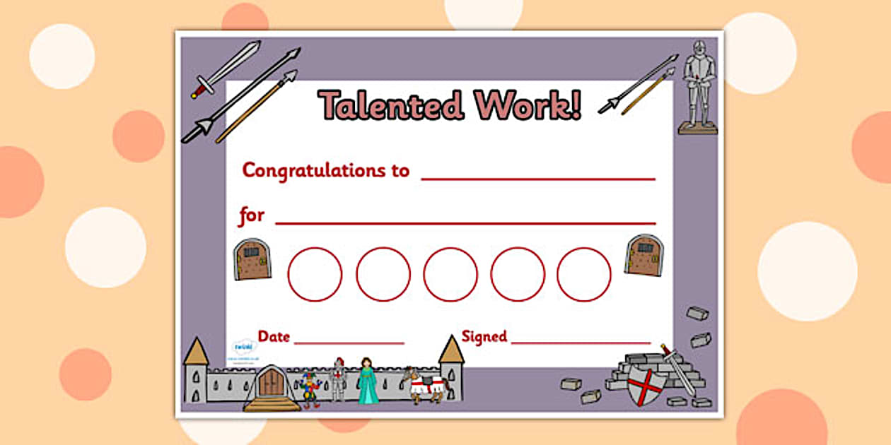 Castles and Knights Themed Reward Certificates