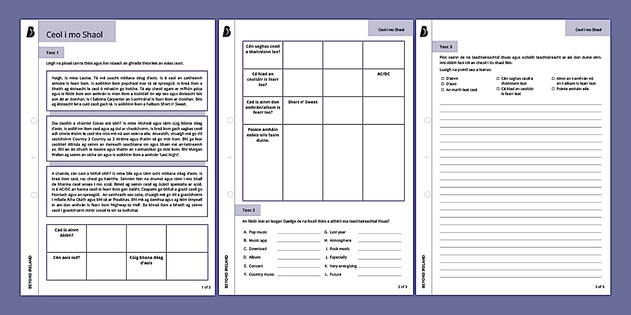 Ceol i mo Shaol Léamhthuiscint agus Bileog Oibre - Twinkl