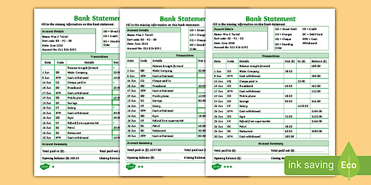 Bank Statement Worksheets for Students – Financial Literacy