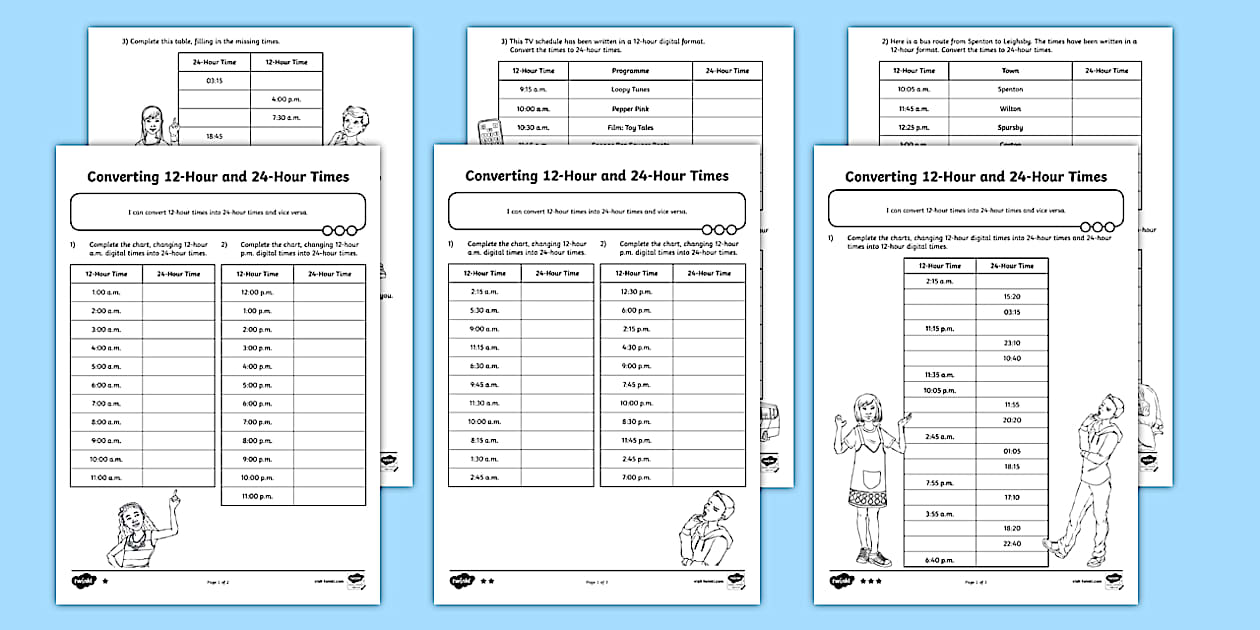 Converting 12-Hour and 24-Hour Clock Differentiated Worksheets