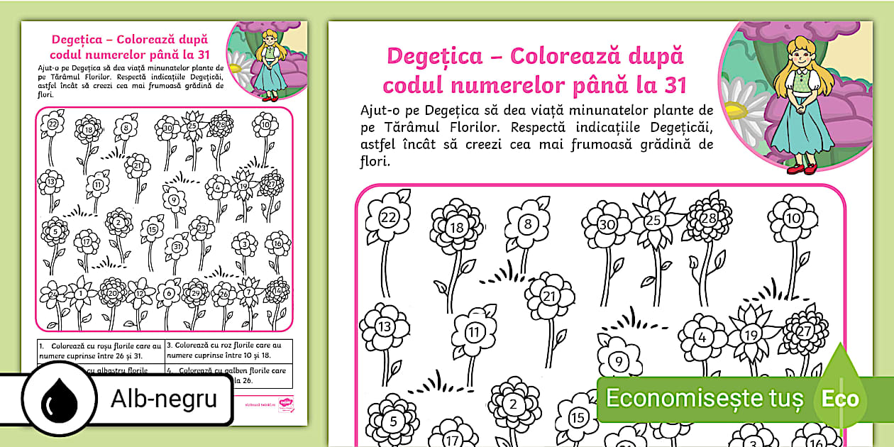 Degețica – Colorează după codul numerelor până la 31