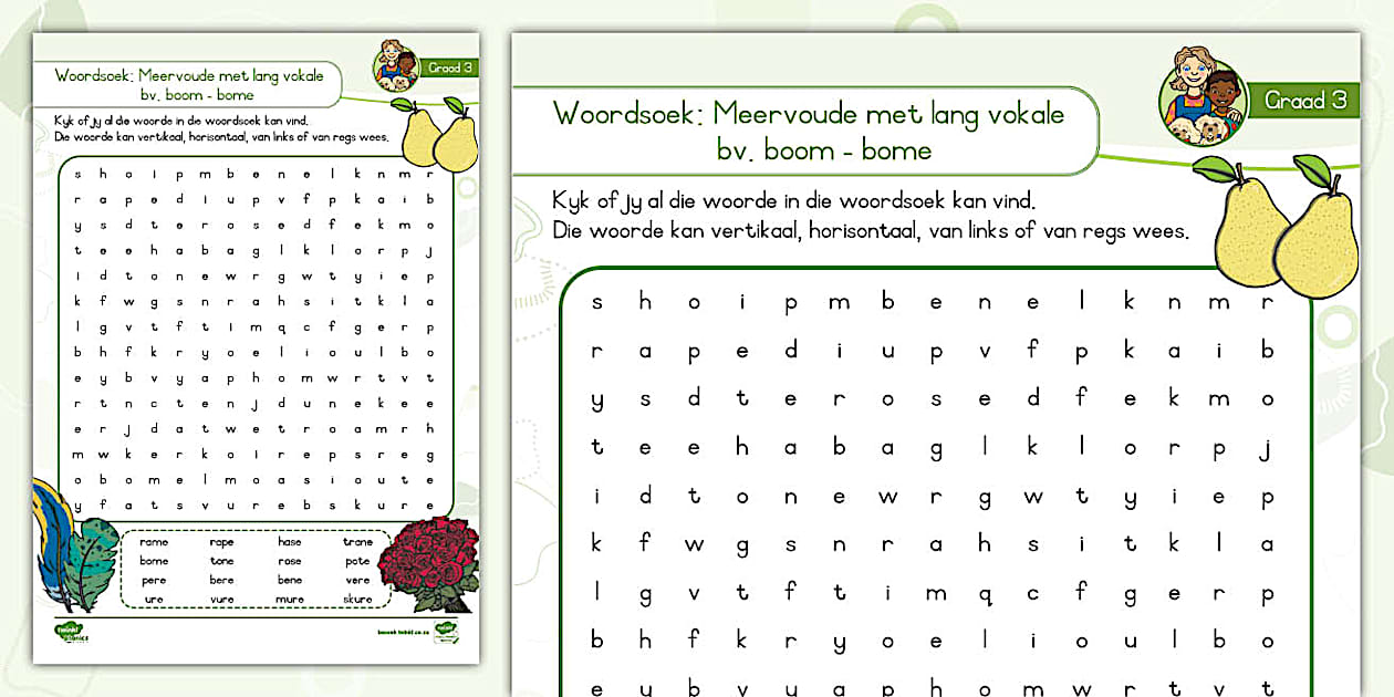 Graad 3 Klanke: Meervoude boom - bome Woordsoek - Twinkl