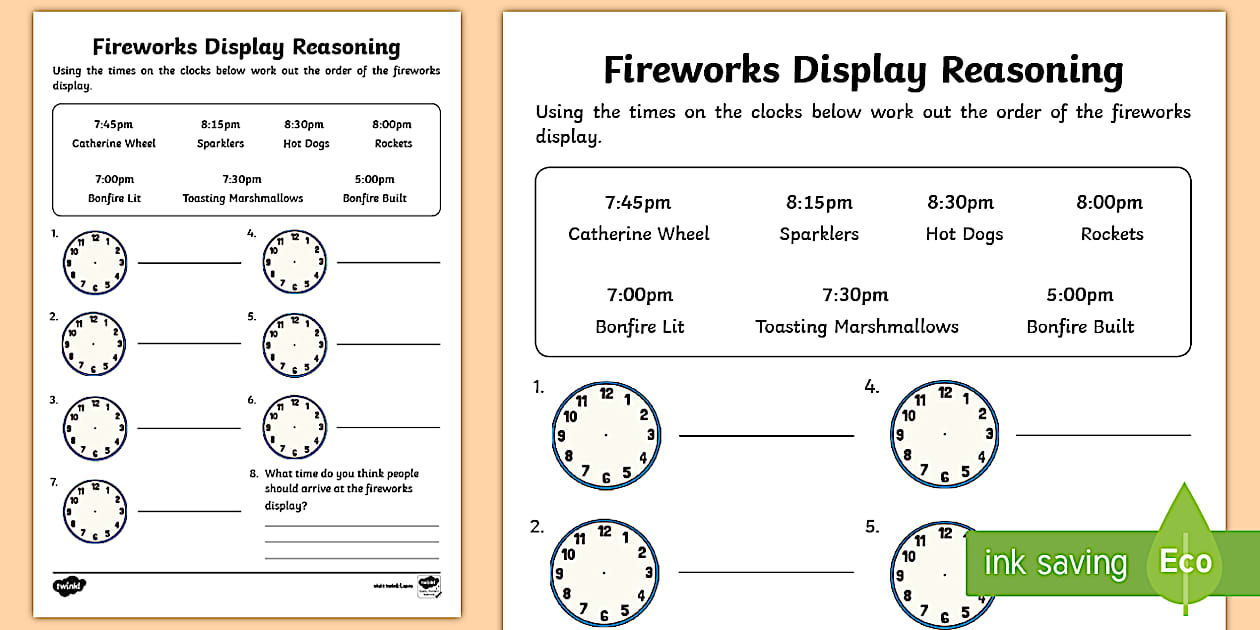 Fireworks Display Reasoning Worksheet - PS1 - CfW - Twinkl