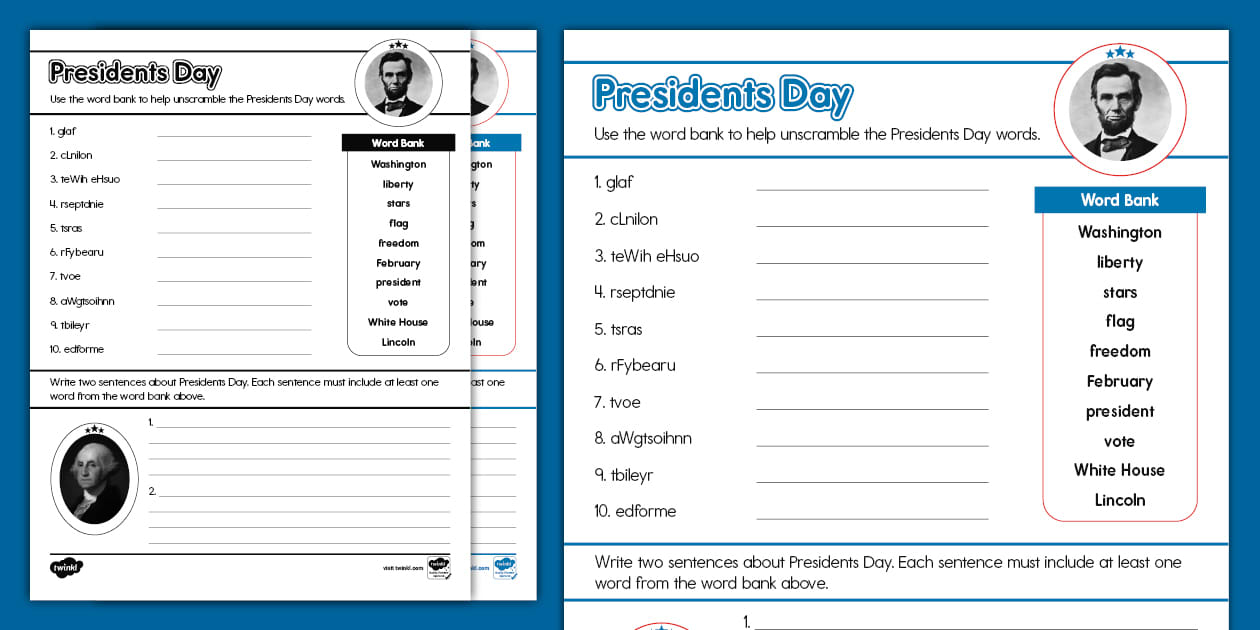 Second Grade Presidents Day Word Unscramble (teacher made)