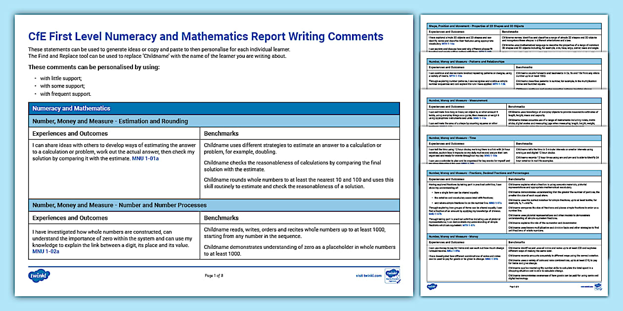 First Level Numeracy and Mathematics Report Writing Comments