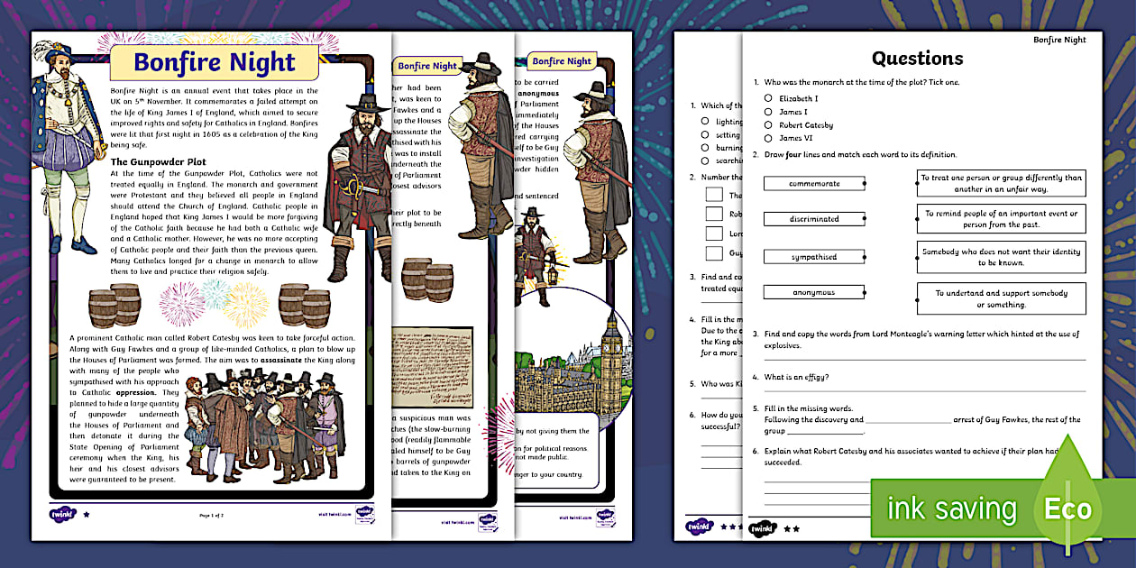 UKS2 Bonfire Night Differentiated Reading Comprehension Activity