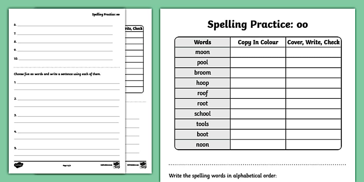 Grade 3 oo Phonics Spelling Practice Sheets - Twinkl