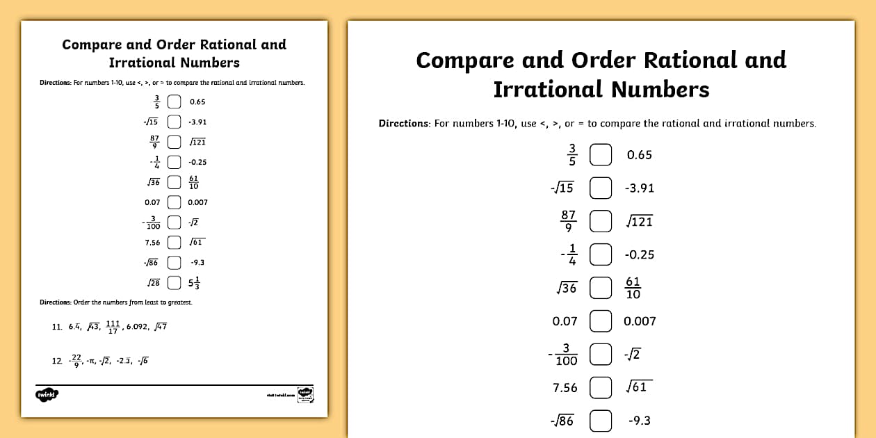 Eighth Grade Compare and Order Rational and Irrational Numbers Worksheet