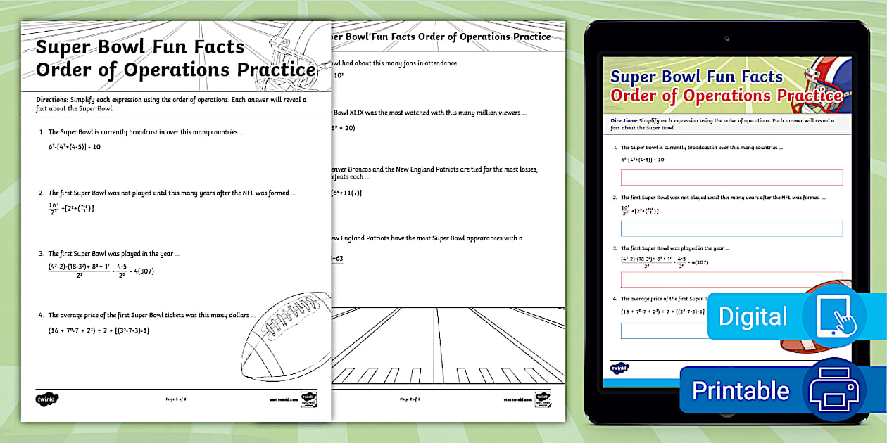 Super Bowl Fun Facts Order of Operations Practice for 6th-8th Grade
