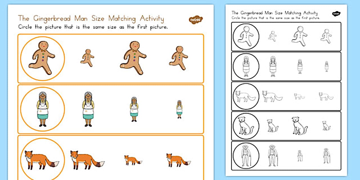 Higher Ability The Gingerbread Man Size Matching Worksheet