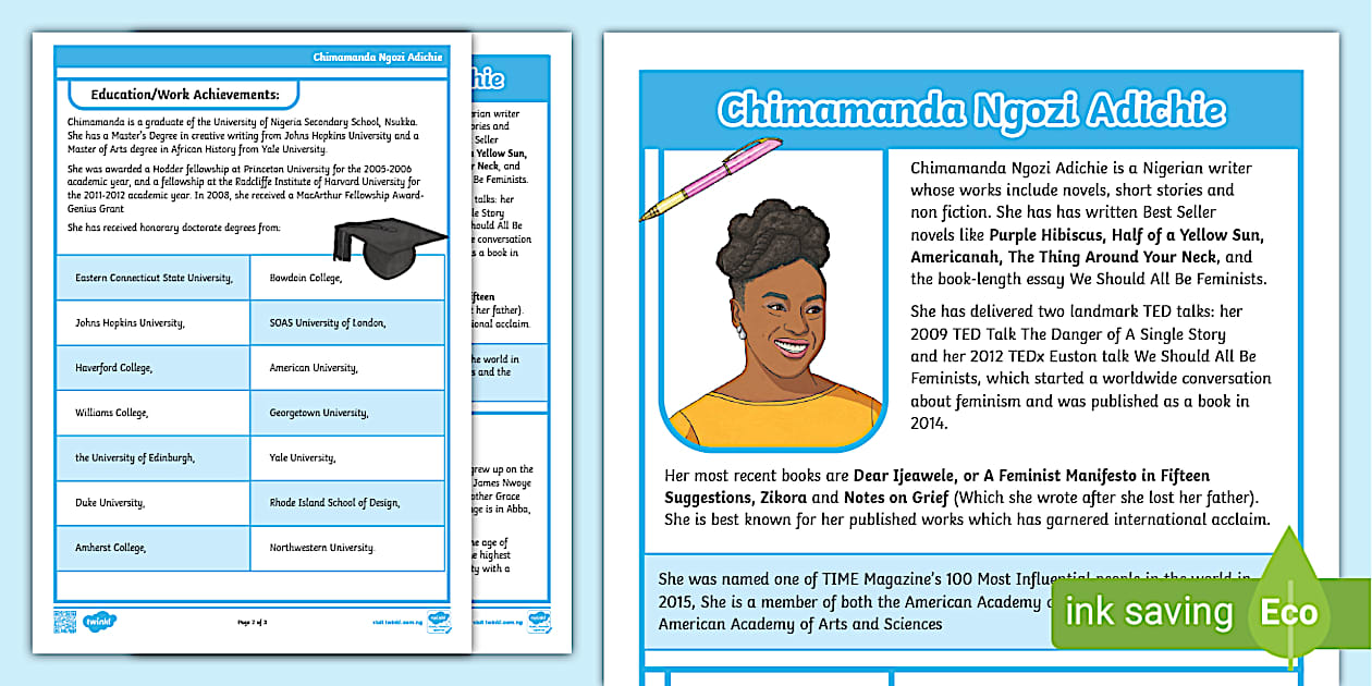 Chimamanda Ngozi Adichie Fact File (teacher made) - Twinkl
