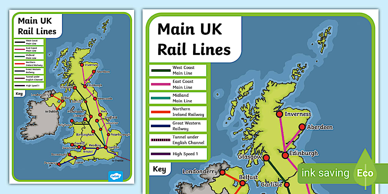 UK Rail Lines Train Map (Teacher-Made) - Twinkl