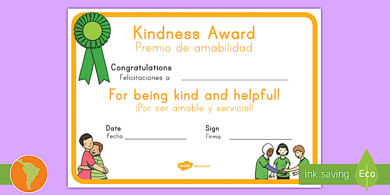 Kindness Award Certificate English/Spanish | Twinkl USA