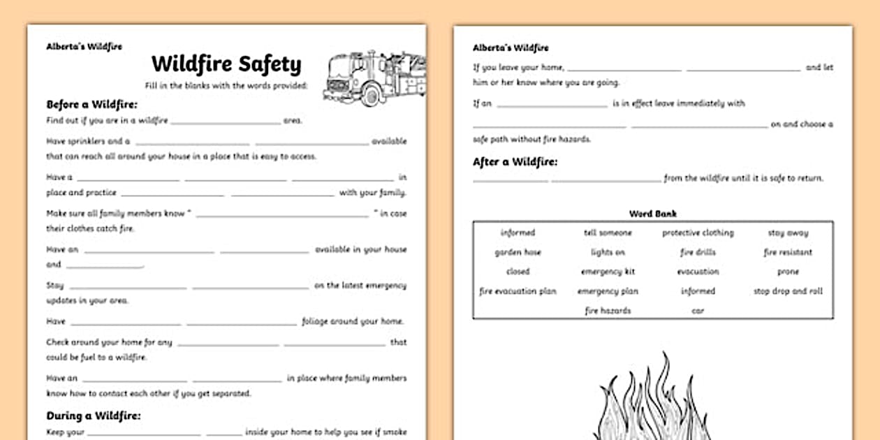 Fire Safety Fill in the Gaps | Wildfire Worksheet - Twinkl