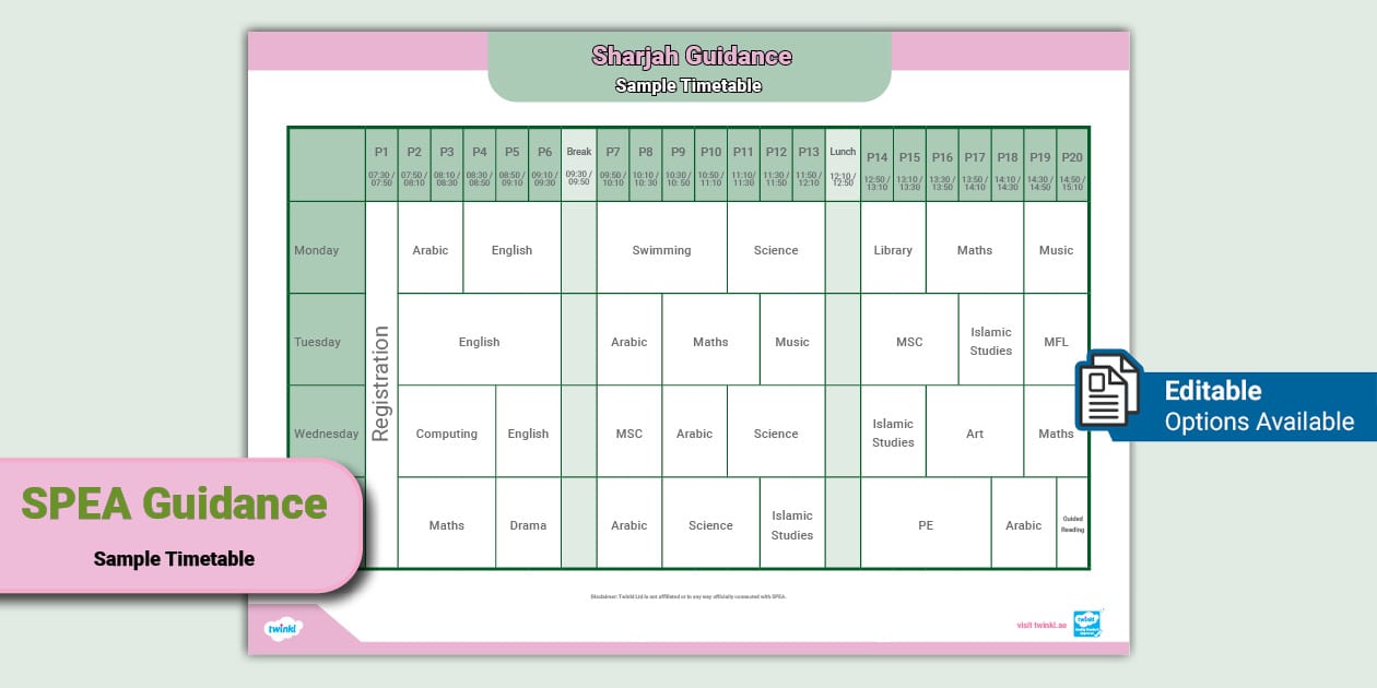 Sharjah Guidance - Sample Timetable - Twinkl