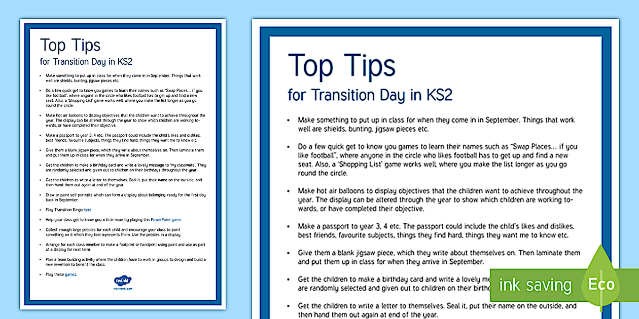 Transition Day in KS2 Top Tips - KS2 End of School Year Ideas