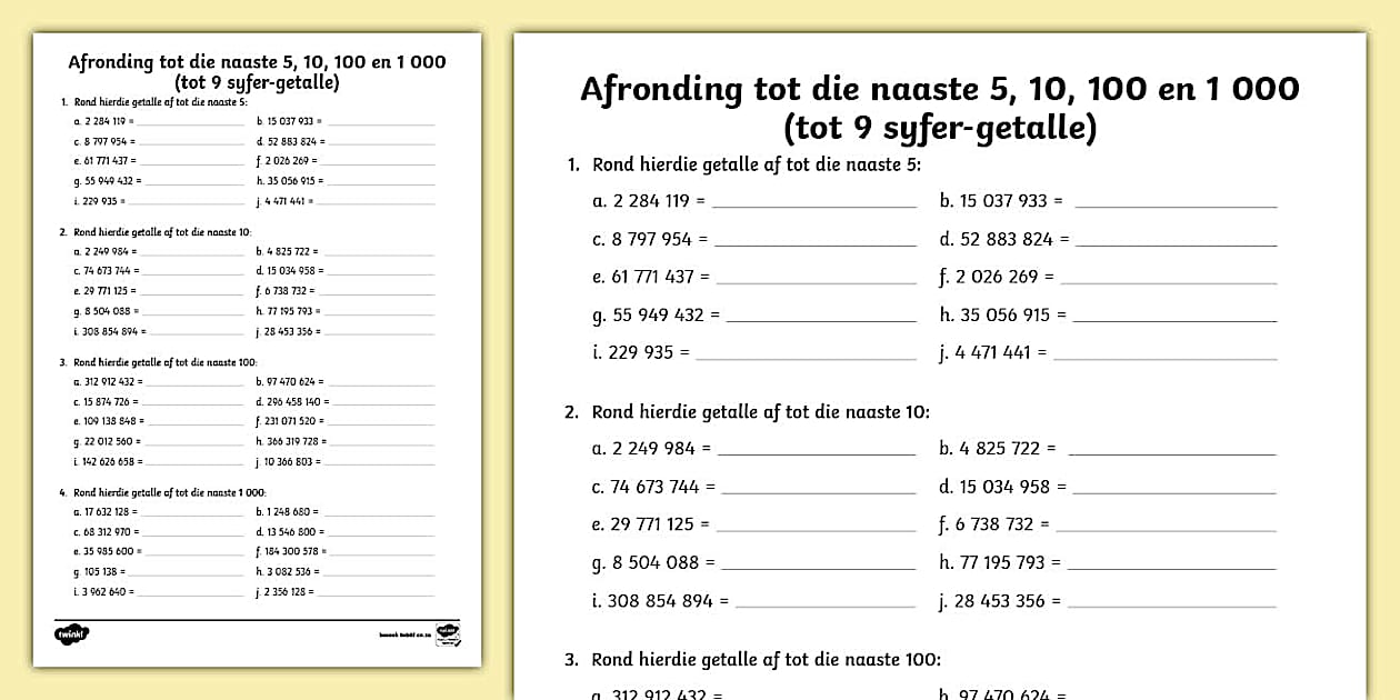 Afronding tot die naaste 5, 10, 100 en 1 000 – Werkblad